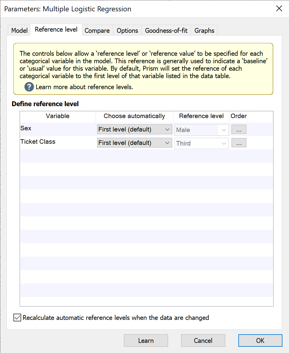 GraphPad Prism 9 Curve Fitting Guide - Setting reference levels for multiple logistic regression