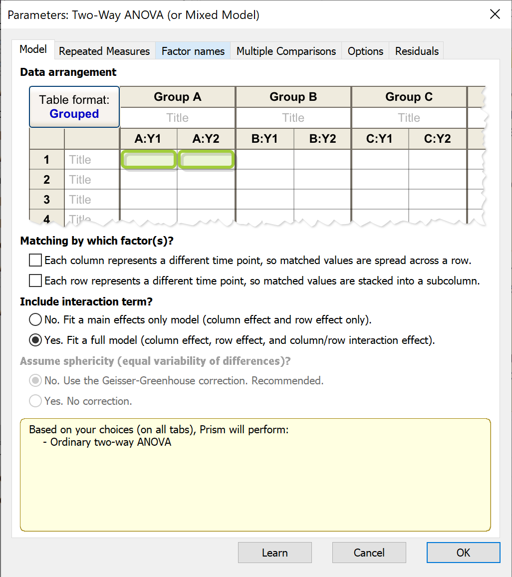 GraphPad Prism 9 Statistics Guide Model Tab Two way ANOVA